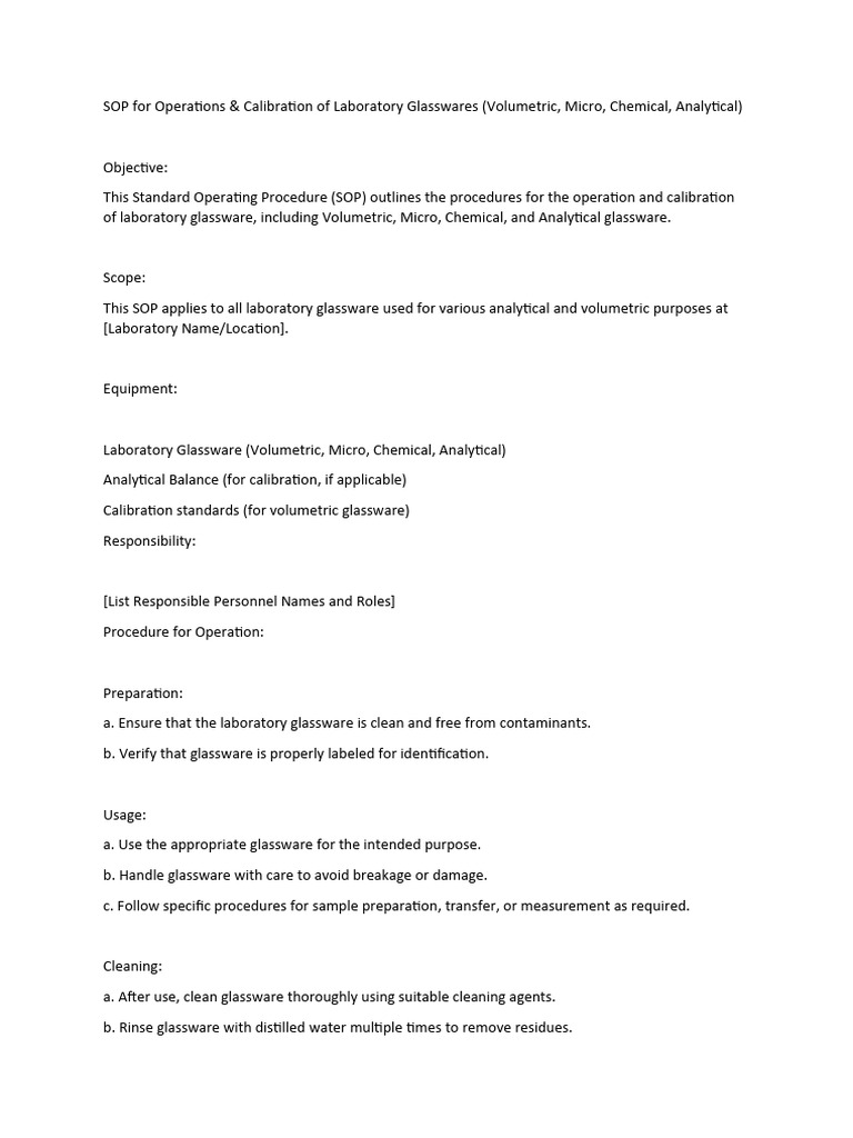 Glassware Calibration SOP Guidelines | PDF | Calibration | Laboratories