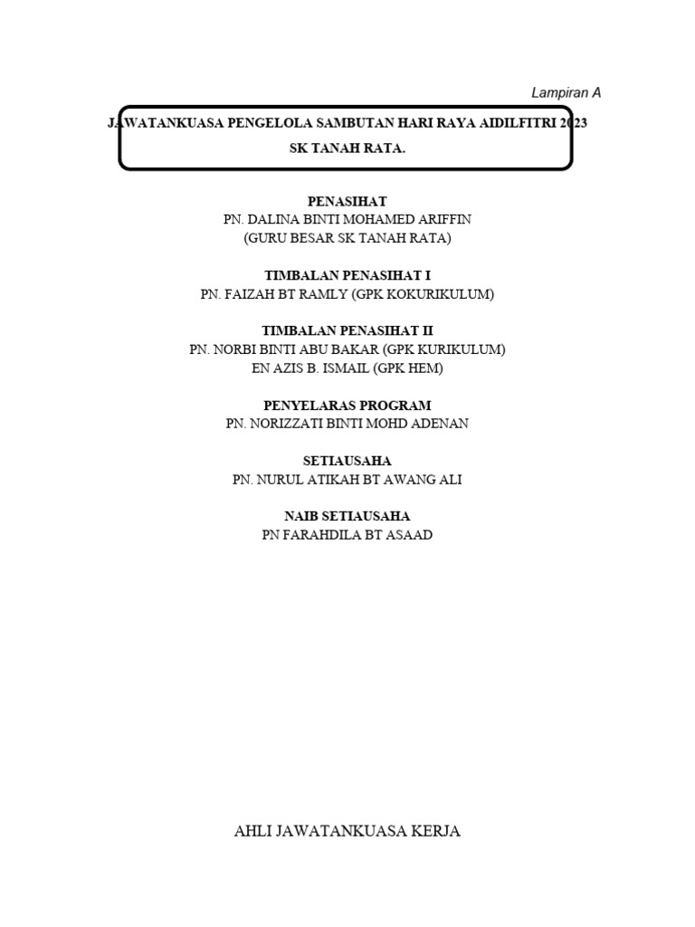 Jawatankuasa Pengelola Sambutan Hari Raya Aidilfitri 2023 SK Tanah Rata ...