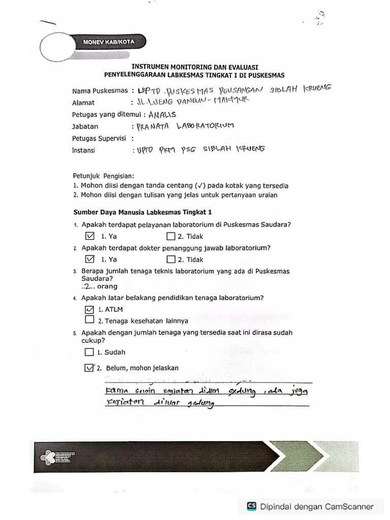 Instrumen Monitoring Dan Evaluasi Labkesmas PKM Peusangan Siblah Krueng ...