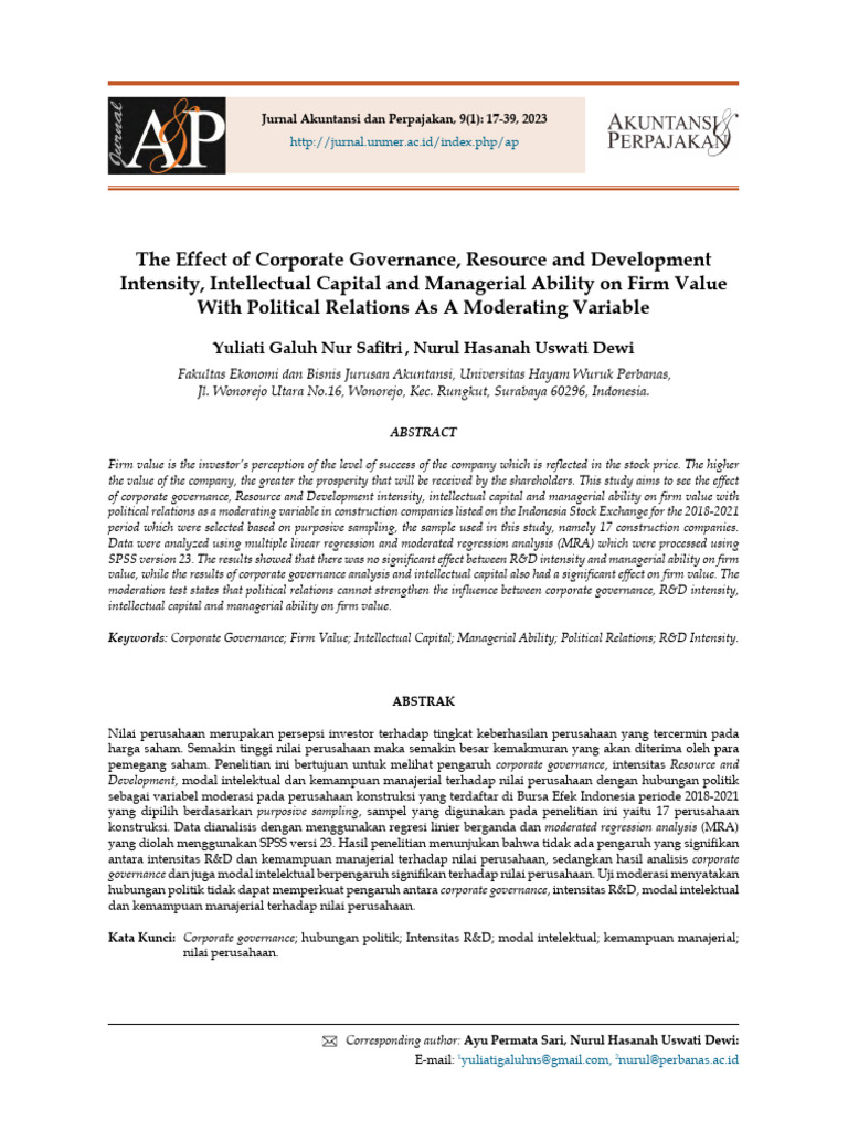 The Effect of Corporate Governance, Resource and Development Intensity, Intellectual Capital and ...