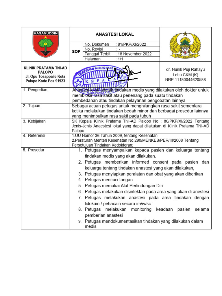 Sop Anastesi Lokal Di Klinik | PDF