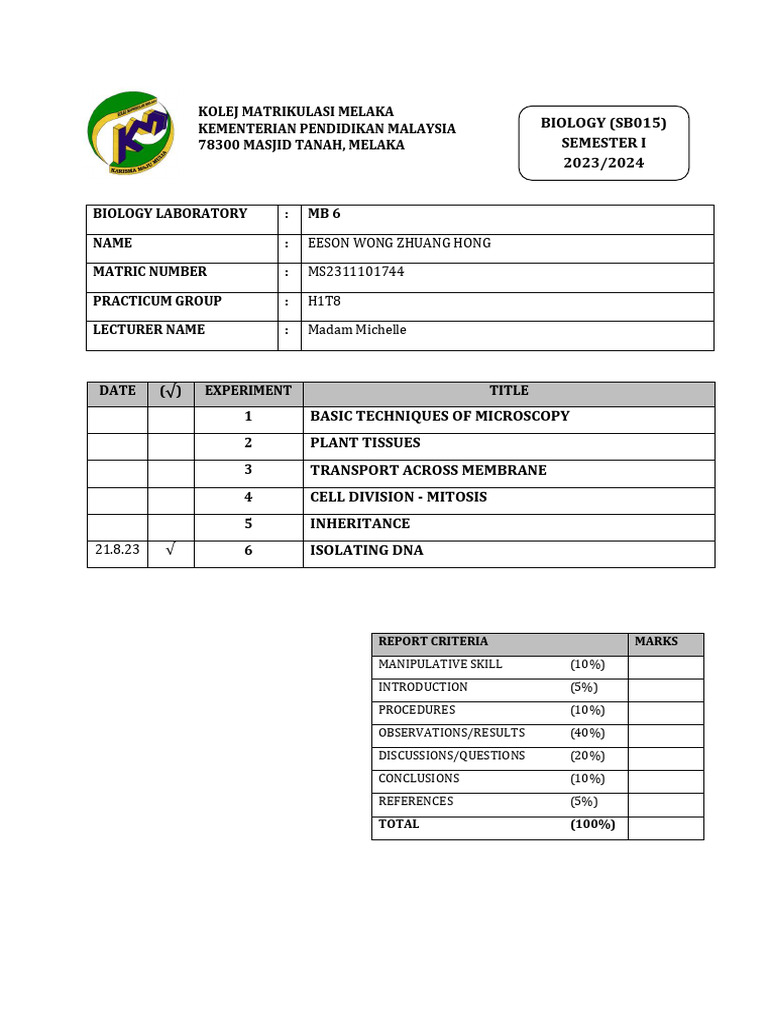 DNA Isolation Lab Report for Biology 6 | PDF | Dna | Cell (Biology)
