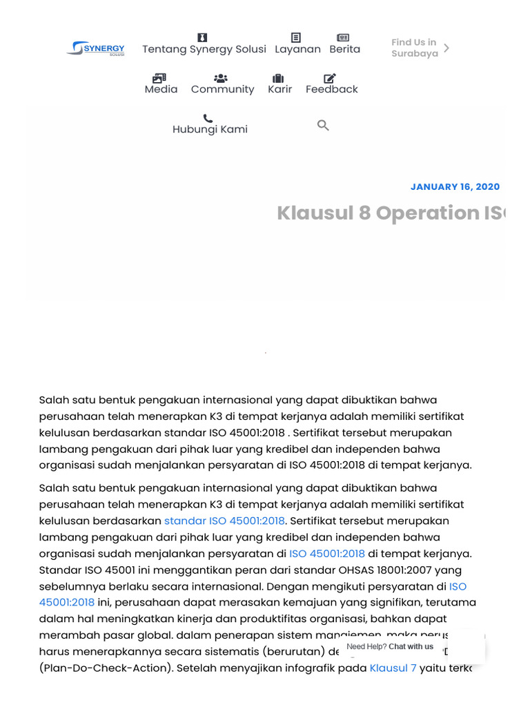 Klausul 8 Operation ISO 45001 - 2018 - Synergy Solusi Indonesia | PDF