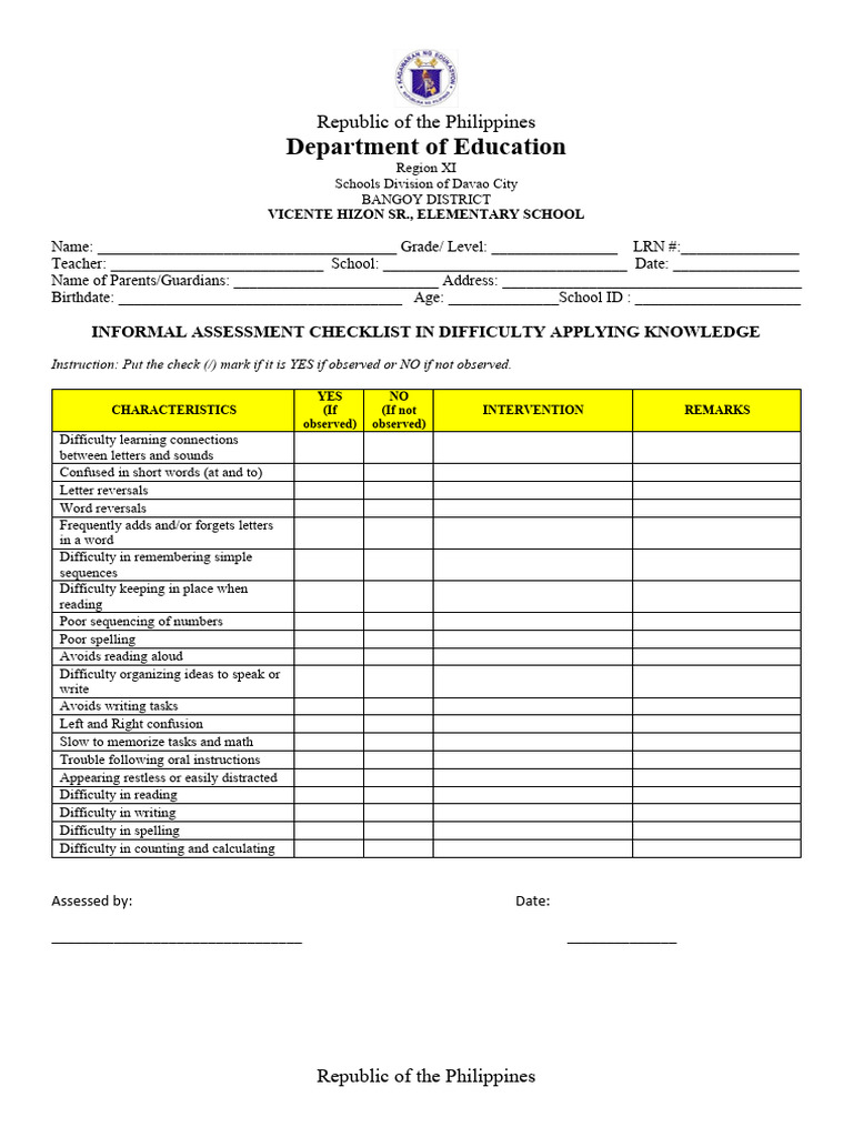 Informal Assessment Checklists for Students | PDF | Career & Growth