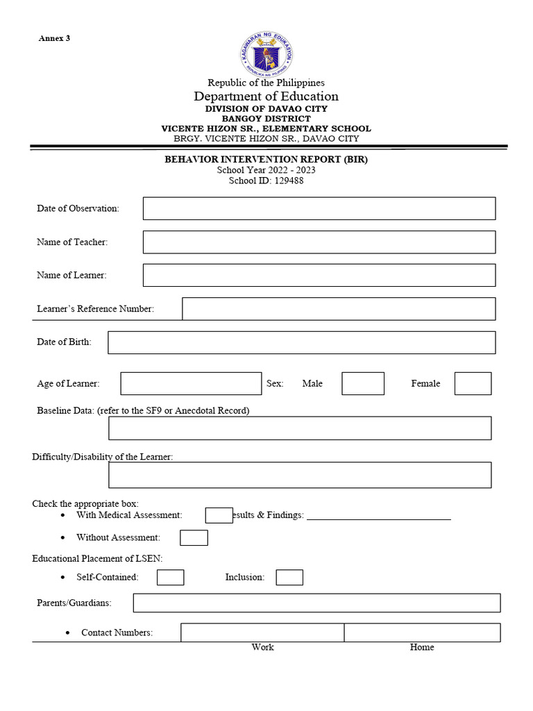 ANNEX 3 - Behavior Intervention Report BIR | PDF