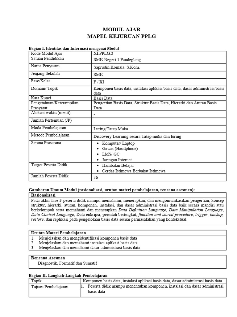 Modul Ajar Basdat XI - PPLG.2 | PDF | Bisnis | Komputer