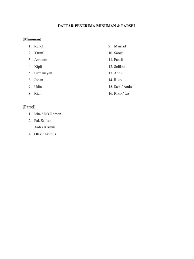 Daftar Penerima Minuman & Parsel (2023) | PDF