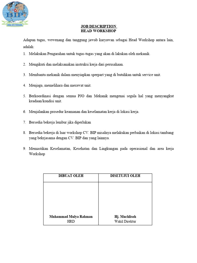 Job Description Head Workshop | PDF