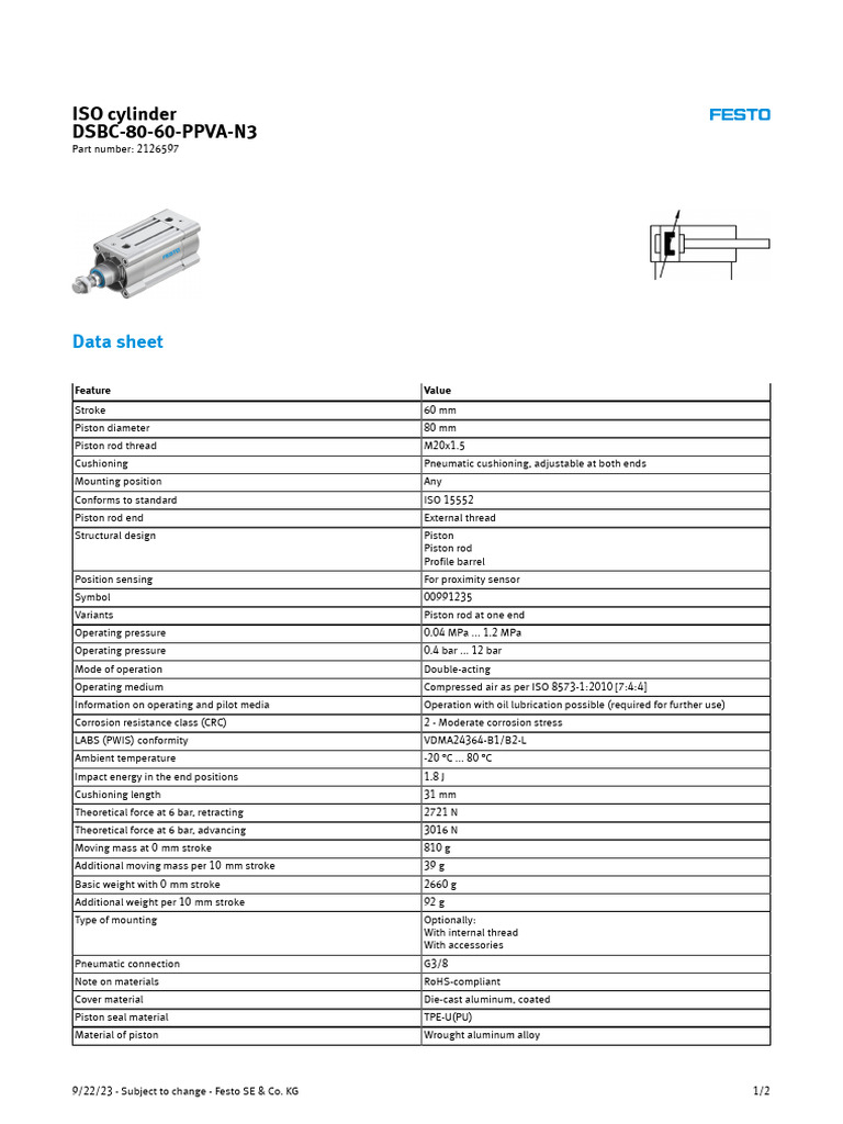 ISO Cylinder DSBC-80-60-PPVA-N3: Data Sheet | PDF | Piston | Screw