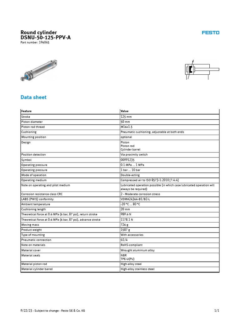 Round Cylinder DSNU-50-125-PPV-A: Data Sheet | PDF | Piston | Building Materials