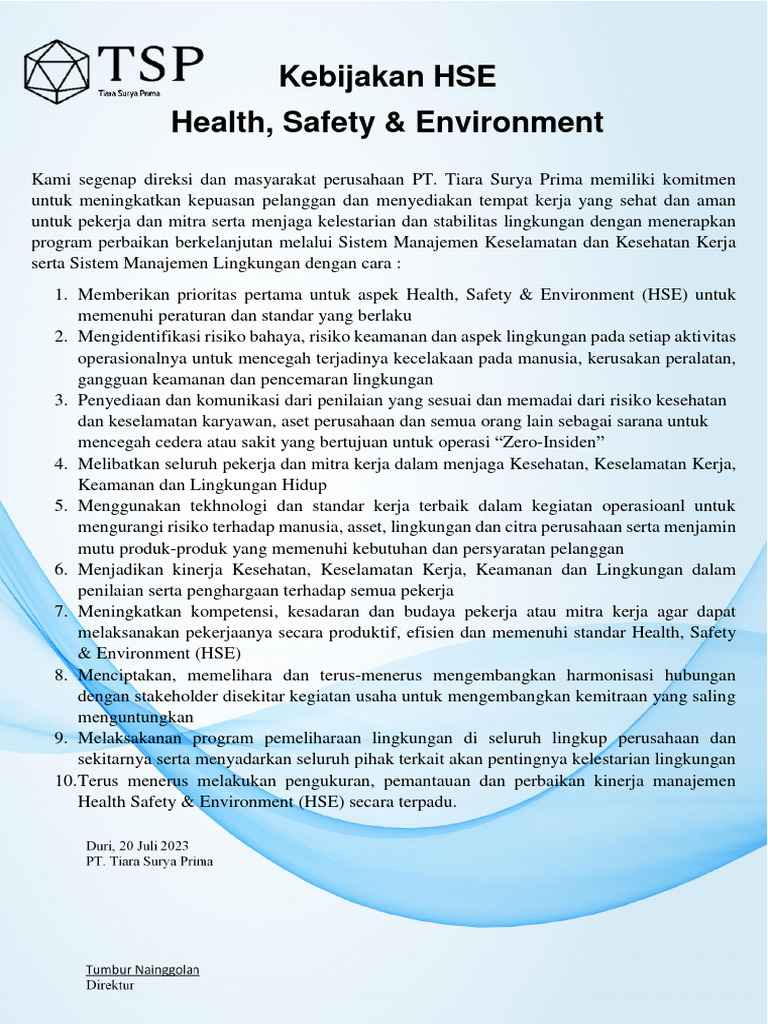 Kebijakan HSE TSP Done 1 | PDF