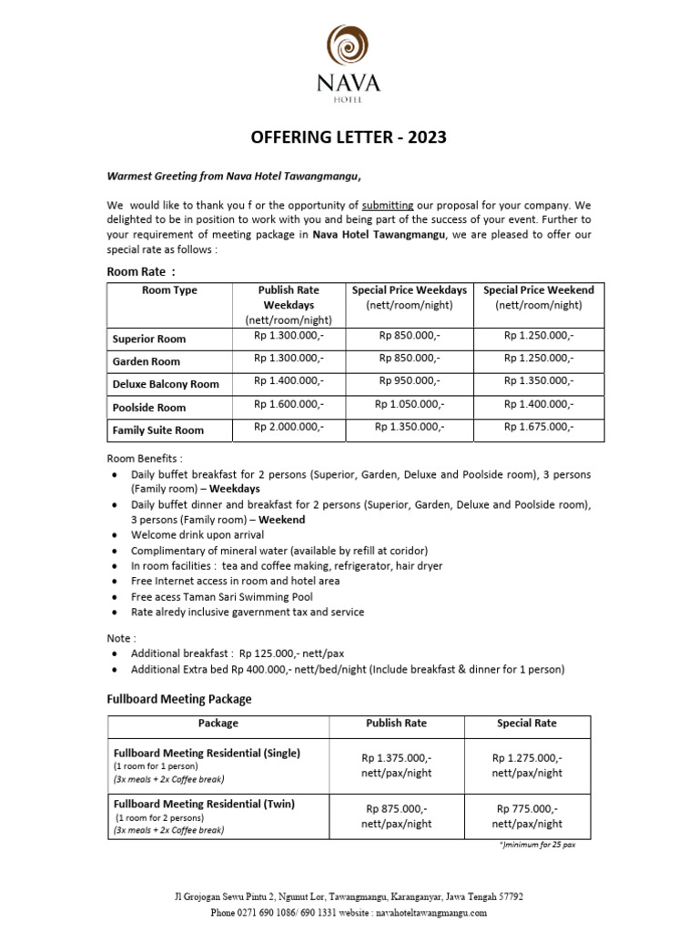 Offering Letter 2023 Update - Nava Hotel Tawangmangu | PDF | Food And ...