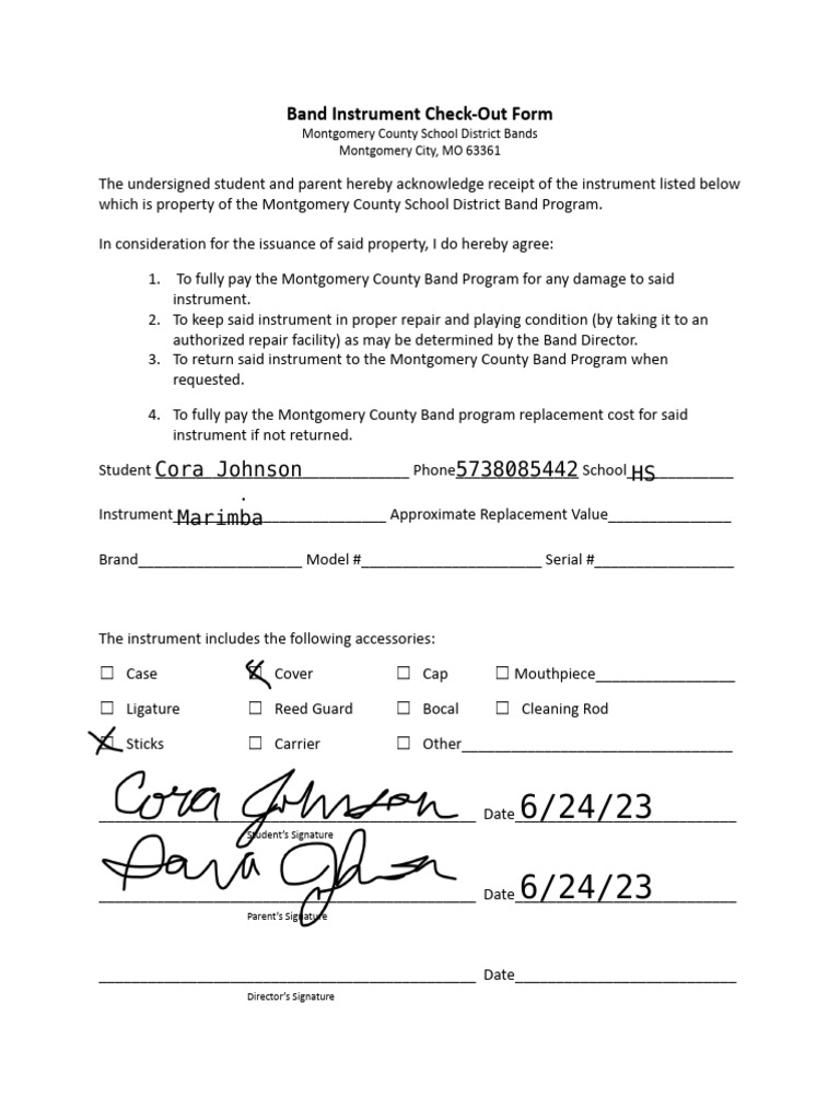 Band Instrument Check-Out Form PDF | PDF