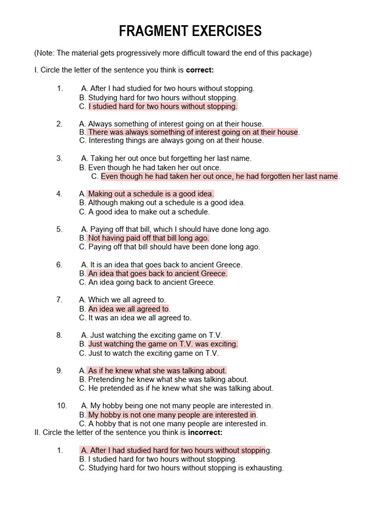 Fragments Worksheet | PDF