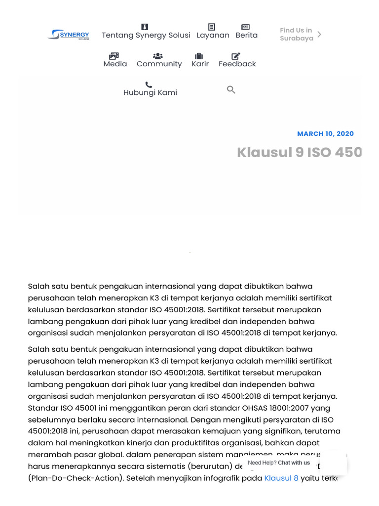 Klausul 9 ISO 45001 - 2018 - Synergy Solusi Indonesia | PDF