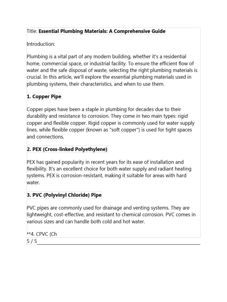 Title Essential Plumbing Materials A Comprehensive Guide | PDF