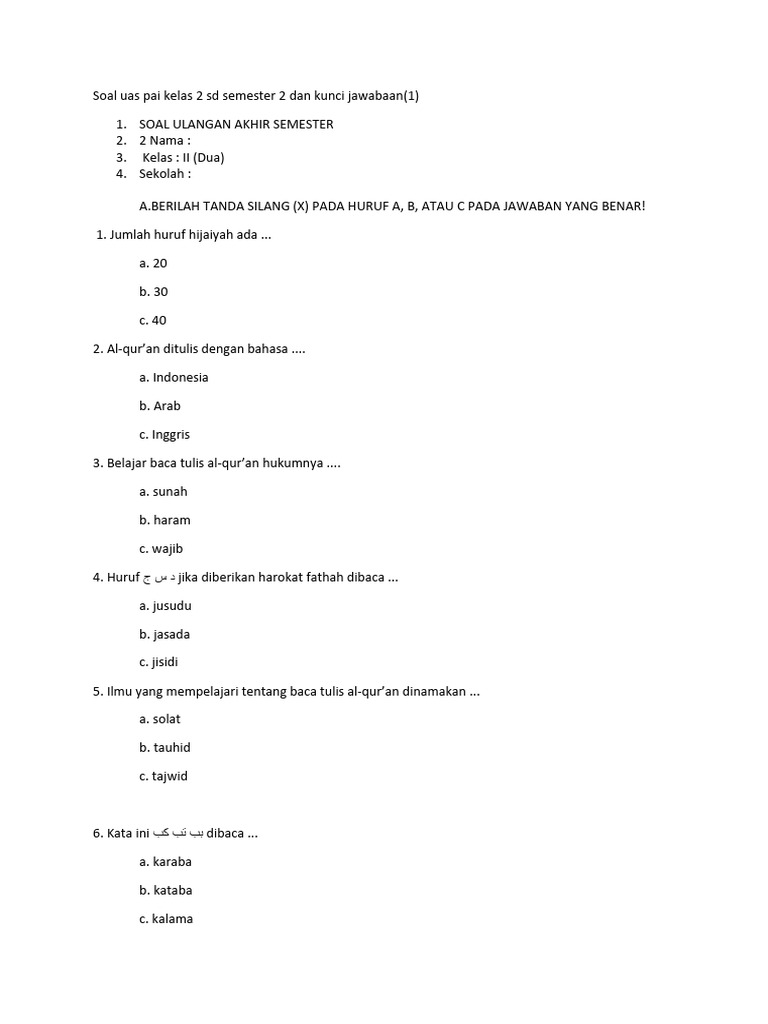 Soal Uas Pai Kelas 2 SD Semester 2 Dan Kunci Jawabaan | PDF