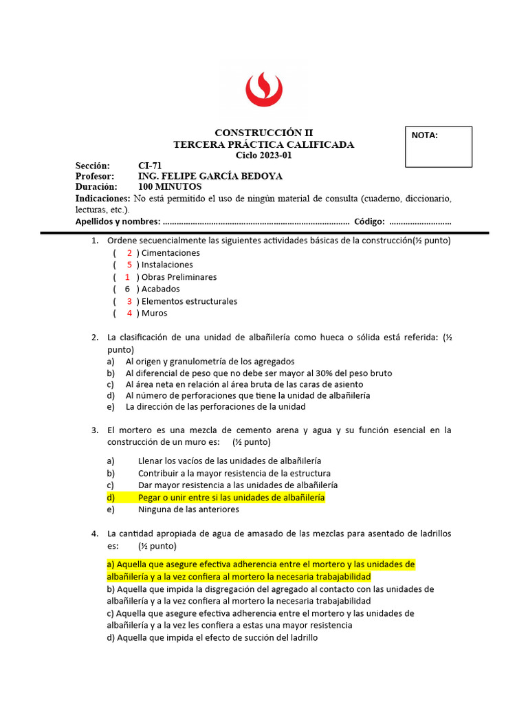 PC3 Construcción Ii 2023 I Prueba | PDF