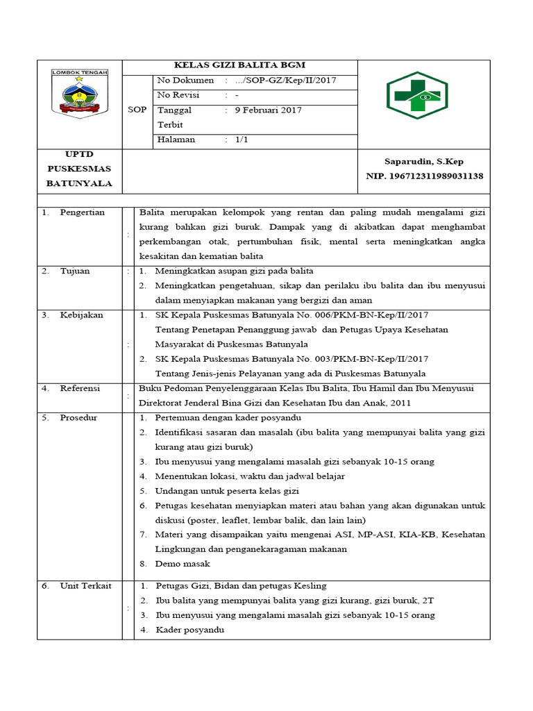 Sop Kelas Gizi Balita BGM | PDF
