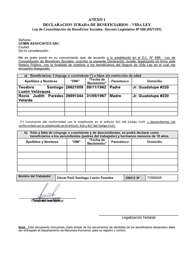 Formato - Declaracion Jurada Vida Ley | PDF