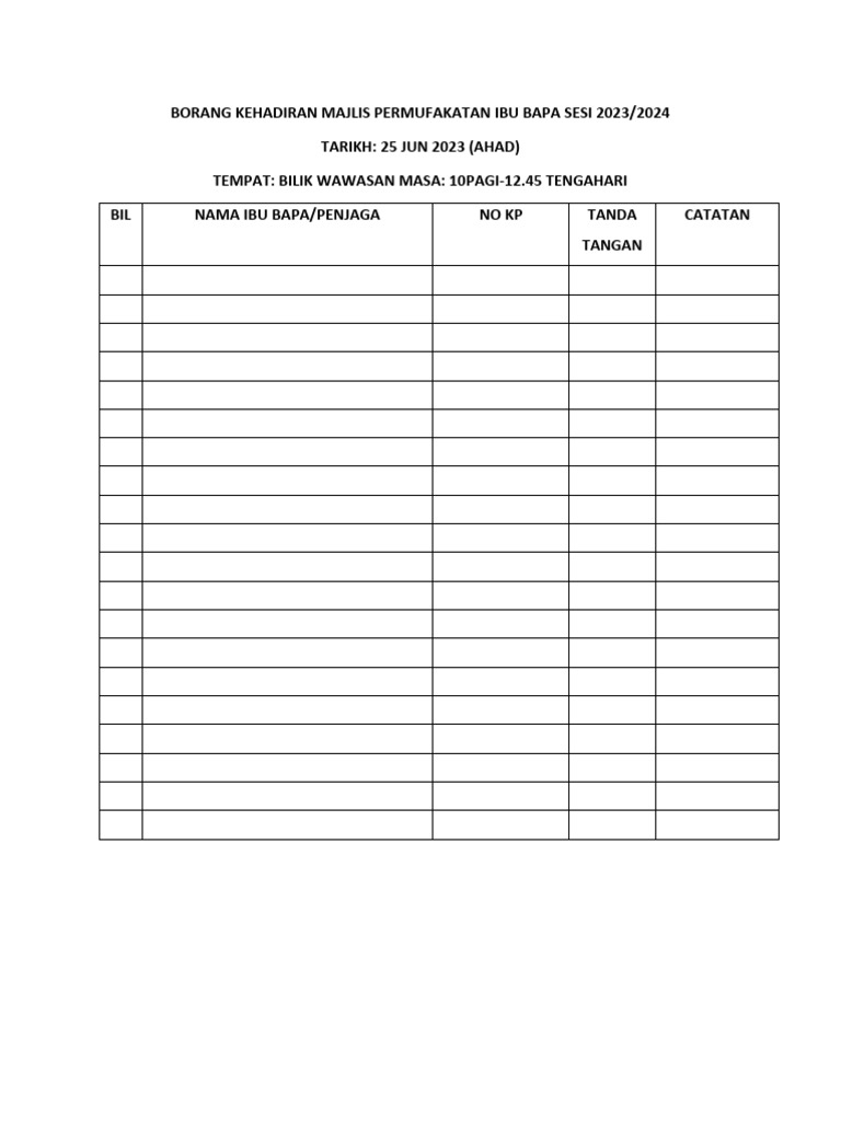 Borang Kehadiran Majlis Permufakatan Ibu Bapa Sesi 2023 | PDF