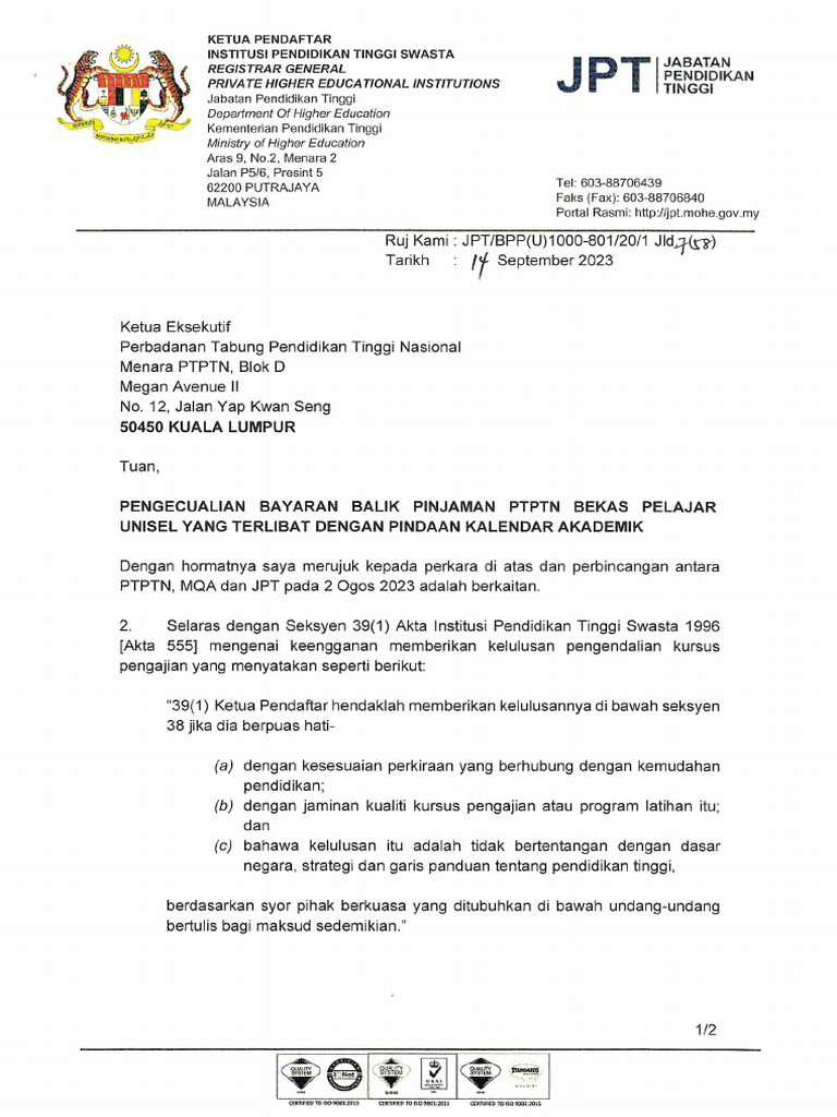Surat Pengecualian Bayaran Balik Pinjaman PTPTN Bekas Pelajar Unisel ...
