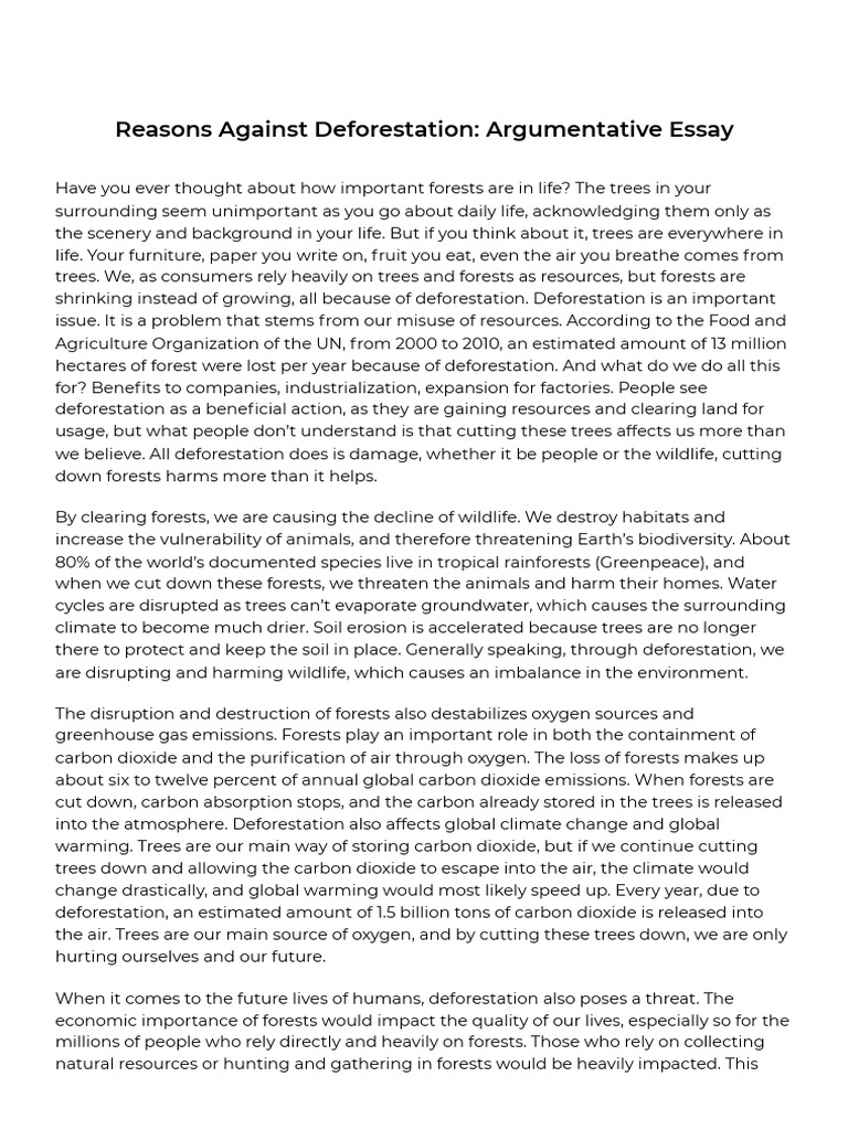 Reasons Against Deforestation - Argumentative Essay - (Essay Example ...
