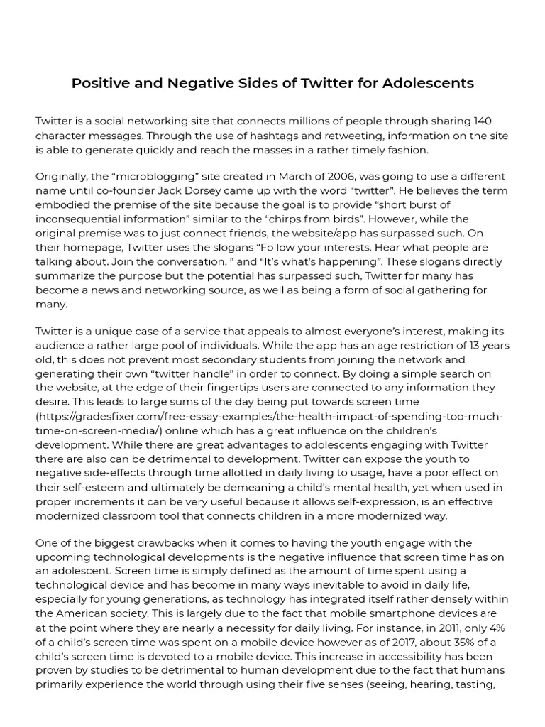 Positive and Negative Sides of Twitter For Adolescents - (Essay Example ...
