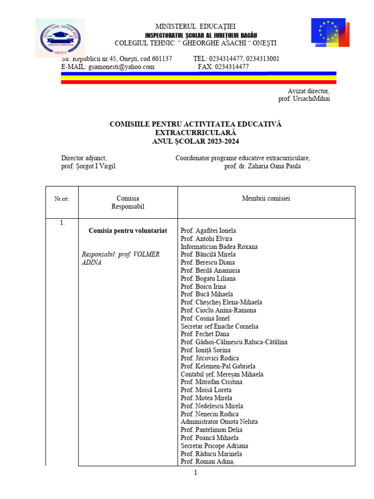 Proiect Comisii Educative Extracurriculare 2023-2024 13 Sept | PDF