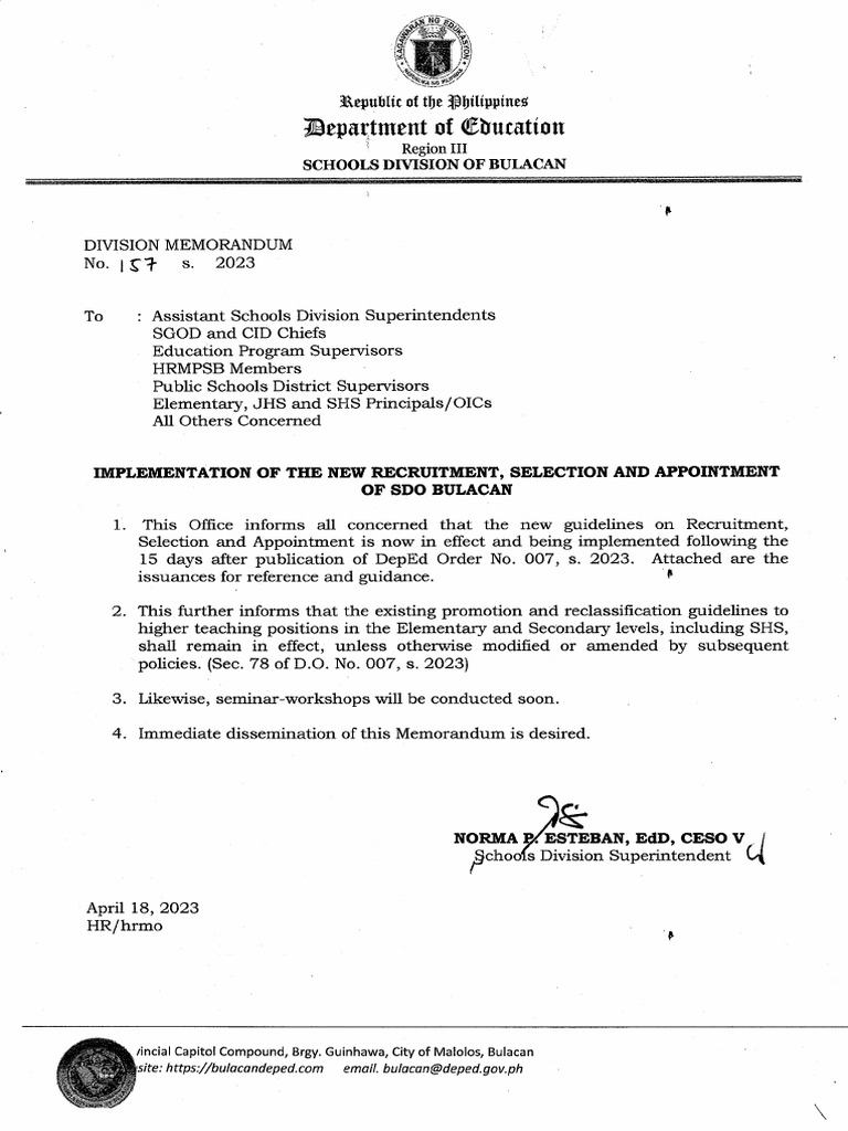 DM157S23 - Implementation of The New Recrutiment, Selection and ...