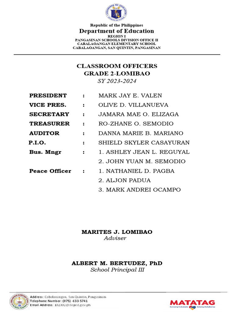 Classroom Officers 2023 | PDF