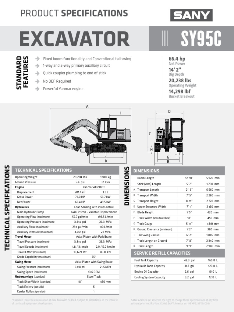 Sany Sy95c Excavator 4pg Specsheet d1 | PDF | Manufactured Goods | Mechanical Engineering
