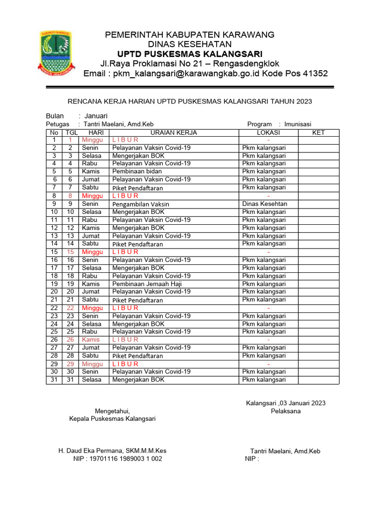 Rencana Kerja Harian 2023 | PDF