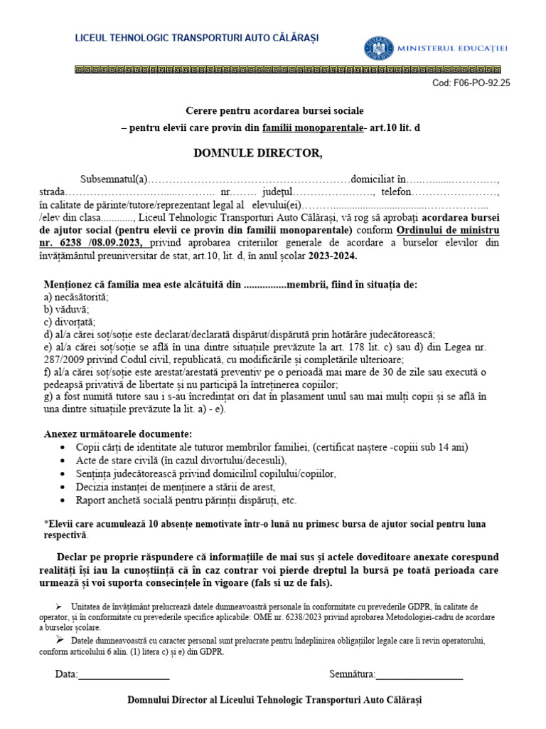 Art. 10 Lit D. Cerere - Bursa - Sociala - Familii Monoparentale | PDF