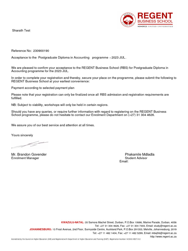 Regent Business School Acceptance Letter | PDF | Universities And ...
