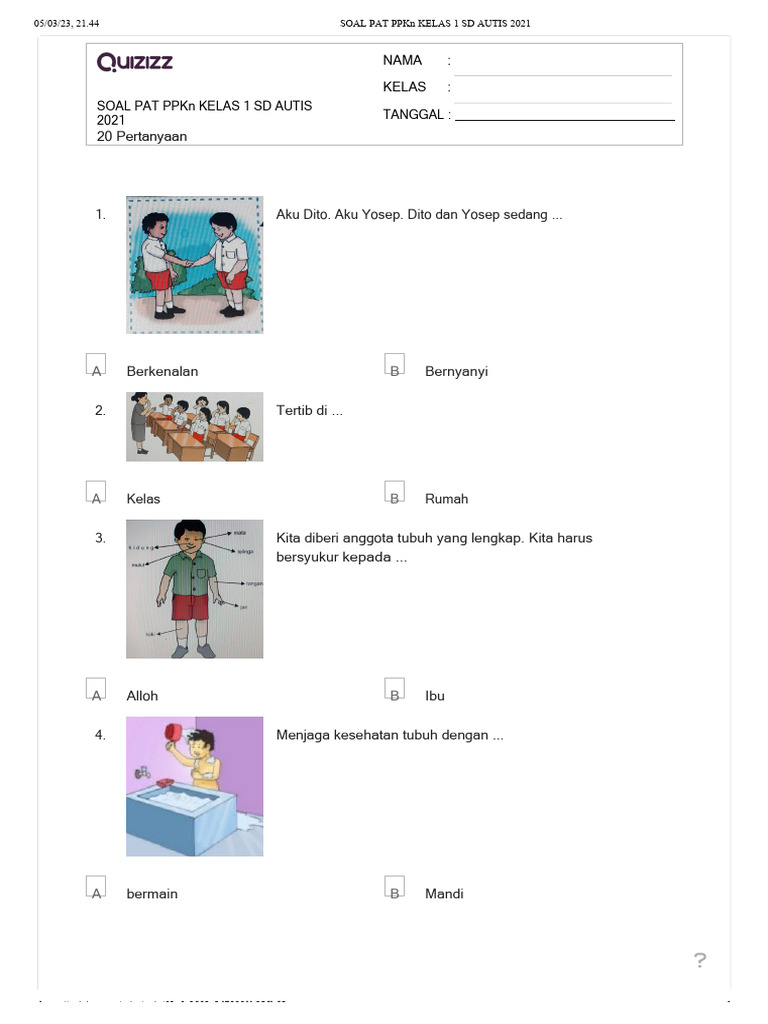 SOAL PAT PPKN KELAS 1 SD AUTIS 2021 | PDF