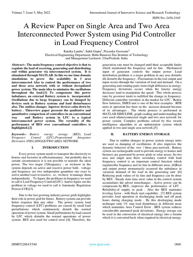 A Review Paper On Single Area And Two Area Interconnected Power System Using Pid Controller In