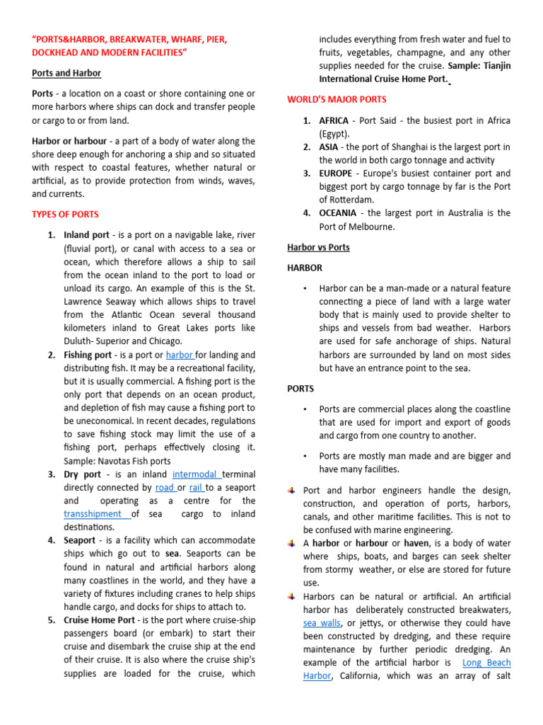 Ports&harbor, Breakwater, Wharf, Pier, Dockhead and Modern Facilitie | PDF