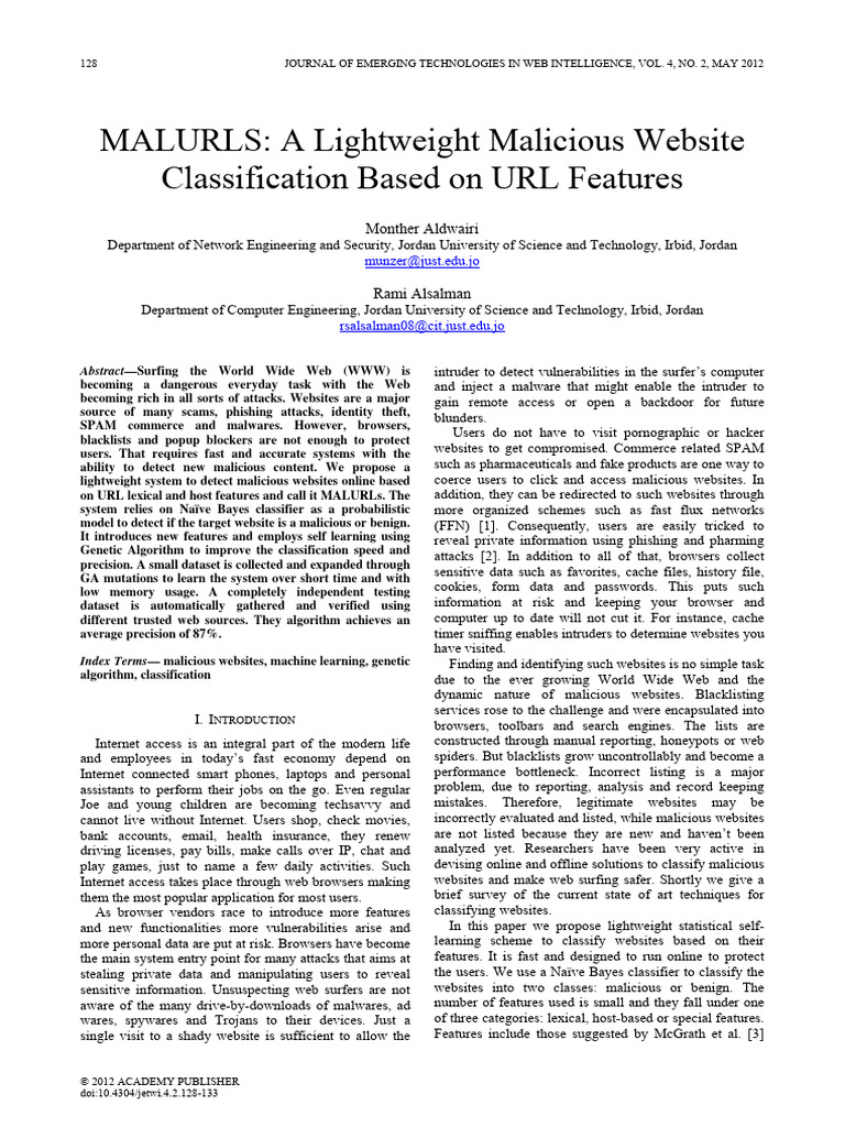 A Lightweight Malicious Website Classification Based On URL Features | PDF