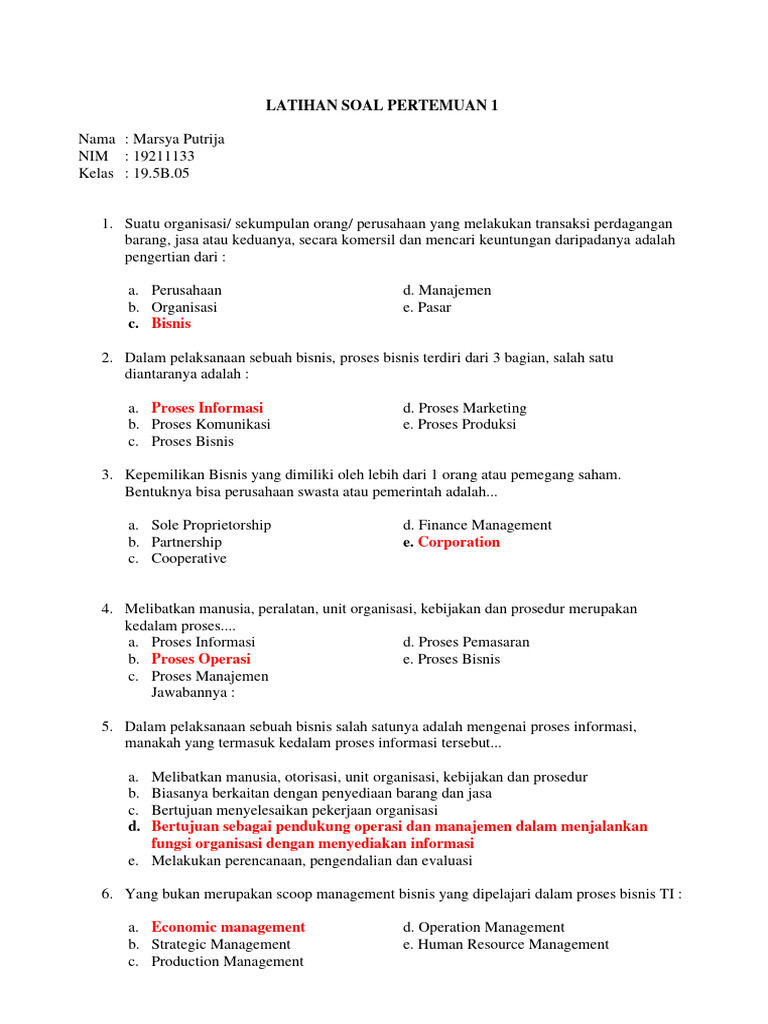 LATIHAN SOAL PERTEMUAN 1 (Proses Bisnis TI) | PDF