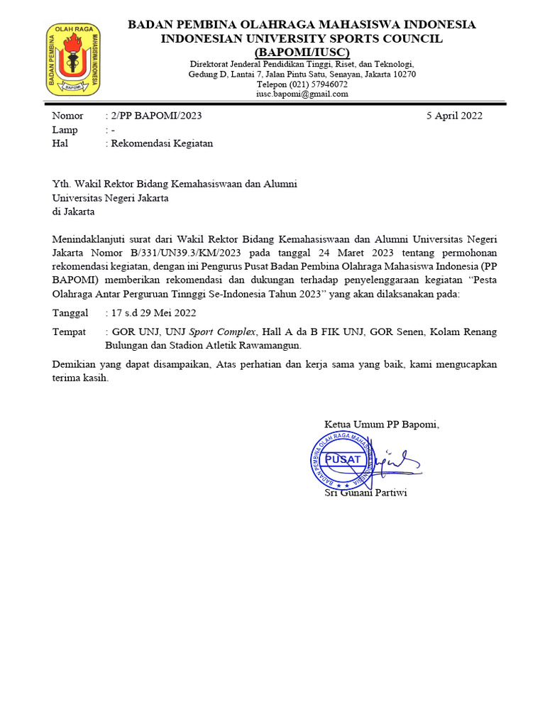 Surat Rekomendasi Keg. Pesta Olahraga Antar Perti Se-Indonesia 2023 Lampiran | PDF | Karier ...