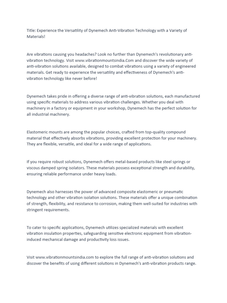 Experience The Versatility of Dynemech Anti-Vibration Technology With A ...