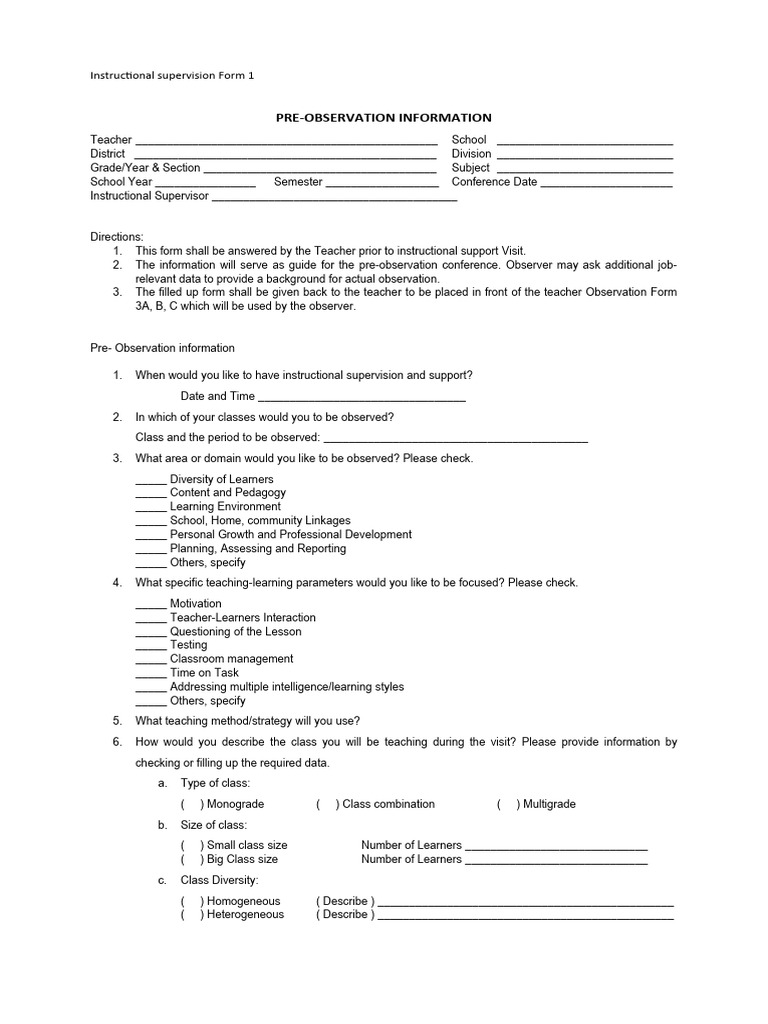 Pre Observation | PDF | Teachers | Learning
