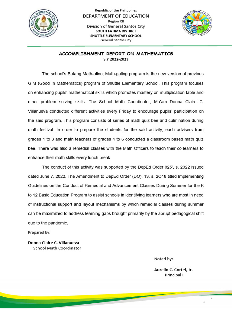 Accomplishment Report MATH 2022-2023 | PDF | Mathematics | Cognition