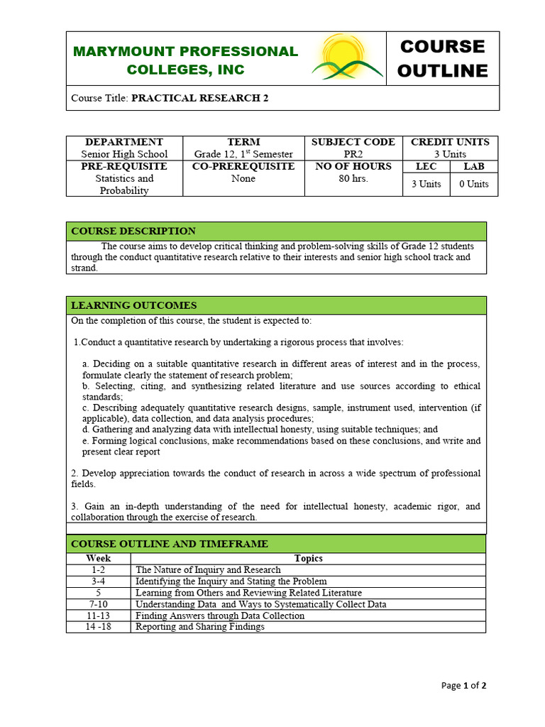 Practical Research 2 COURSE SYLLABUS | PDF