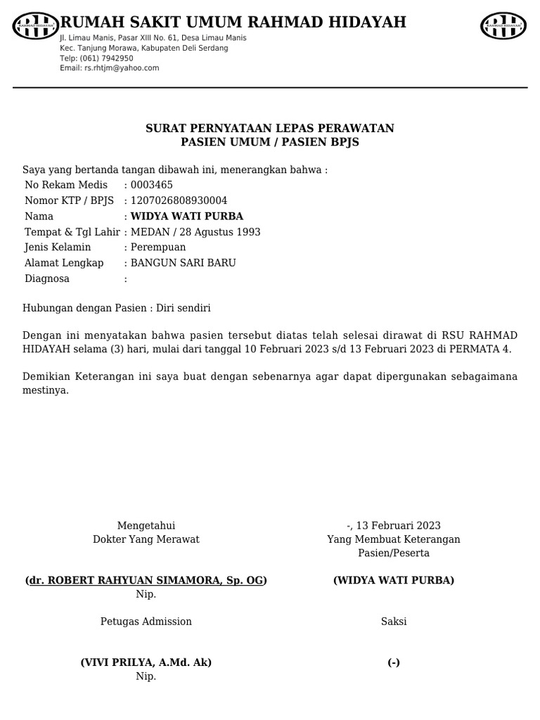 Surat Opname Widya Wati | PDF