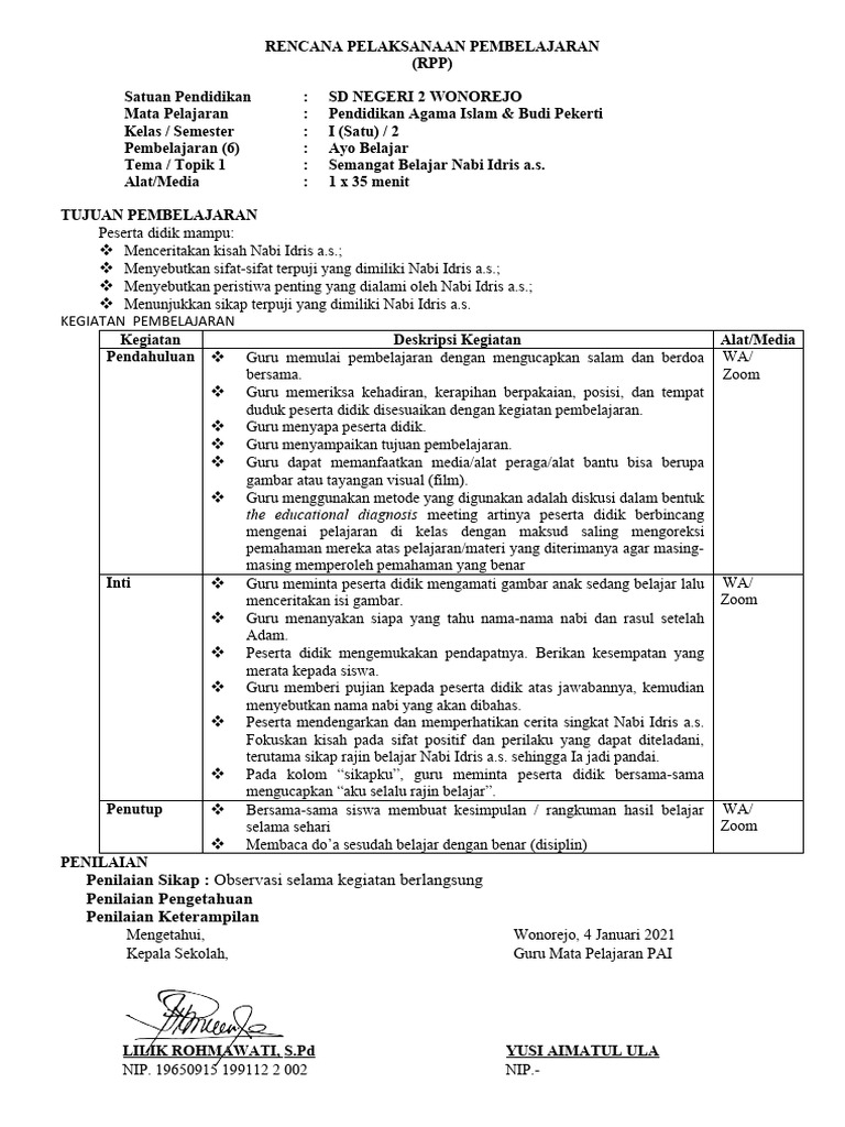 RPP SD Pai 1 Lembar Kelas 1 | PDF