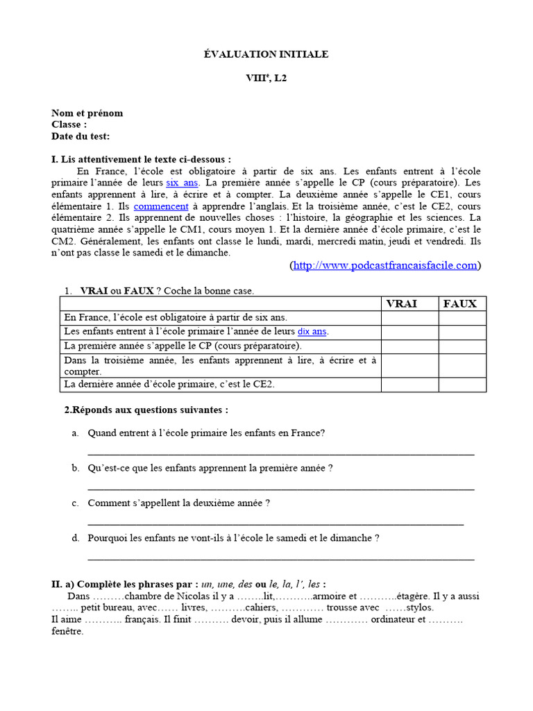Évaluation Initiale A1 - Test de Français | PDF | Linguistique