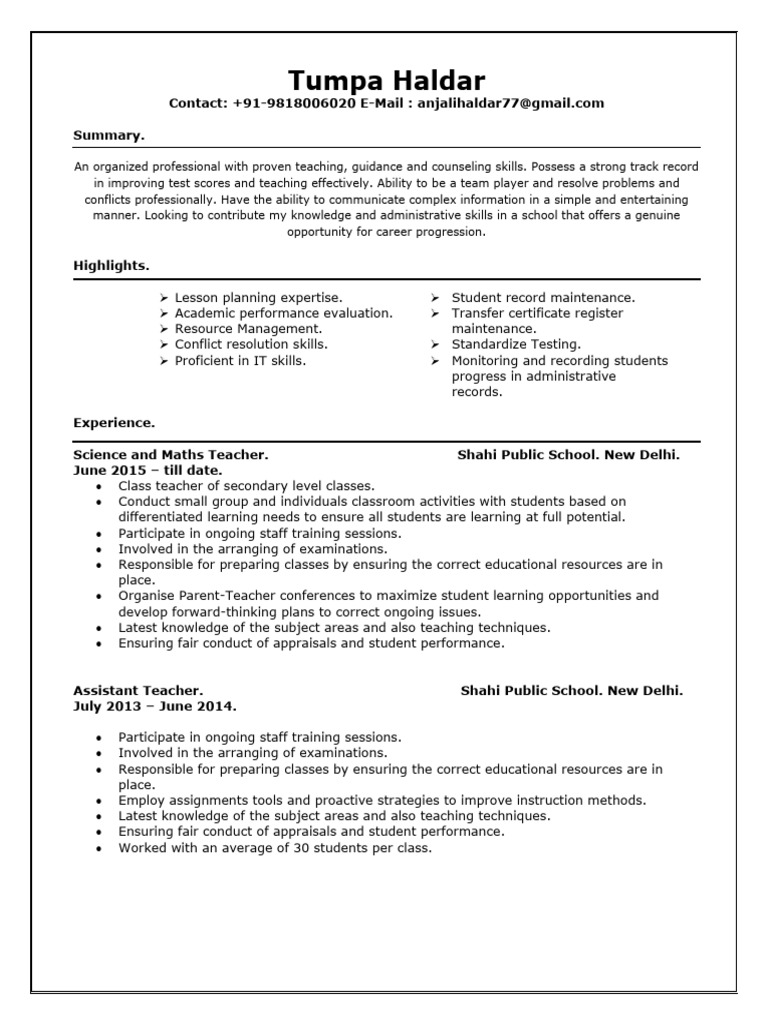 Tumpa Haldar Resume 1 0 1 | PDF | Teachers | Behavior Modification