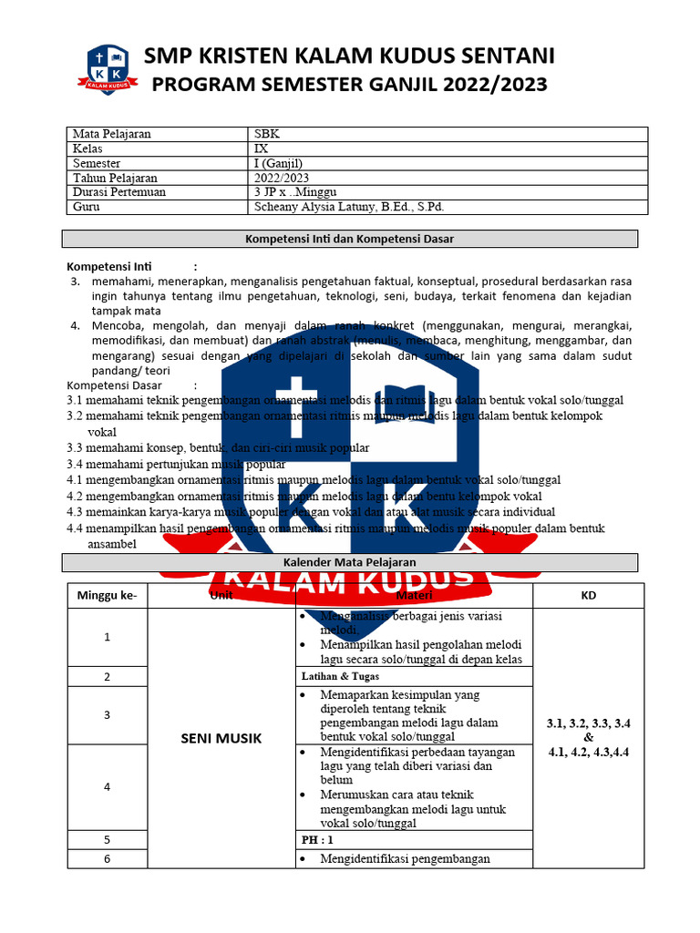 Program SBK Kelas IX Semester Ganjil | PDF
